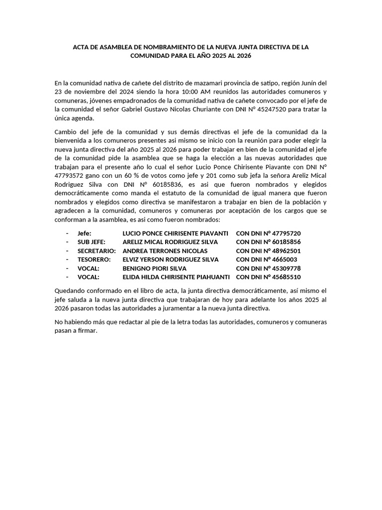 Acta de Asamblea de Nombramiento de La Nueva Junta Directiva de La Comunidad para El Año 2025 Al ...