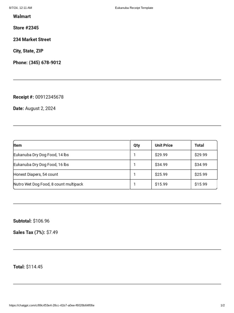 Eukanuba Receipt Template | PDF