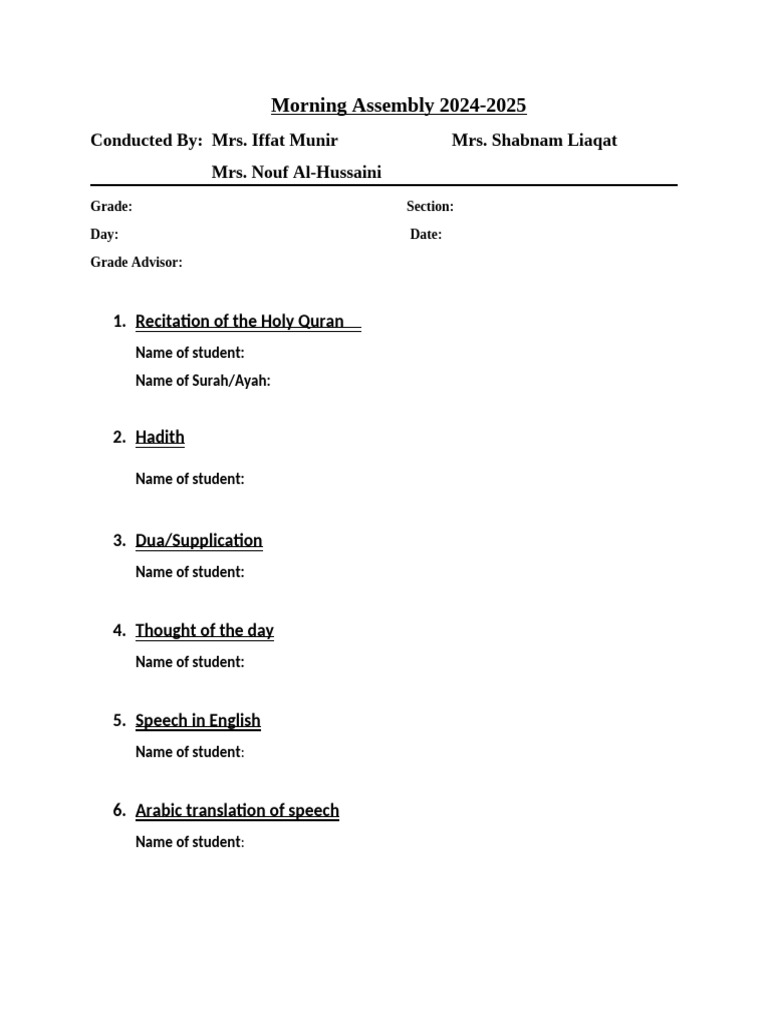 Morning Assembly Format 2024 25 | PDF