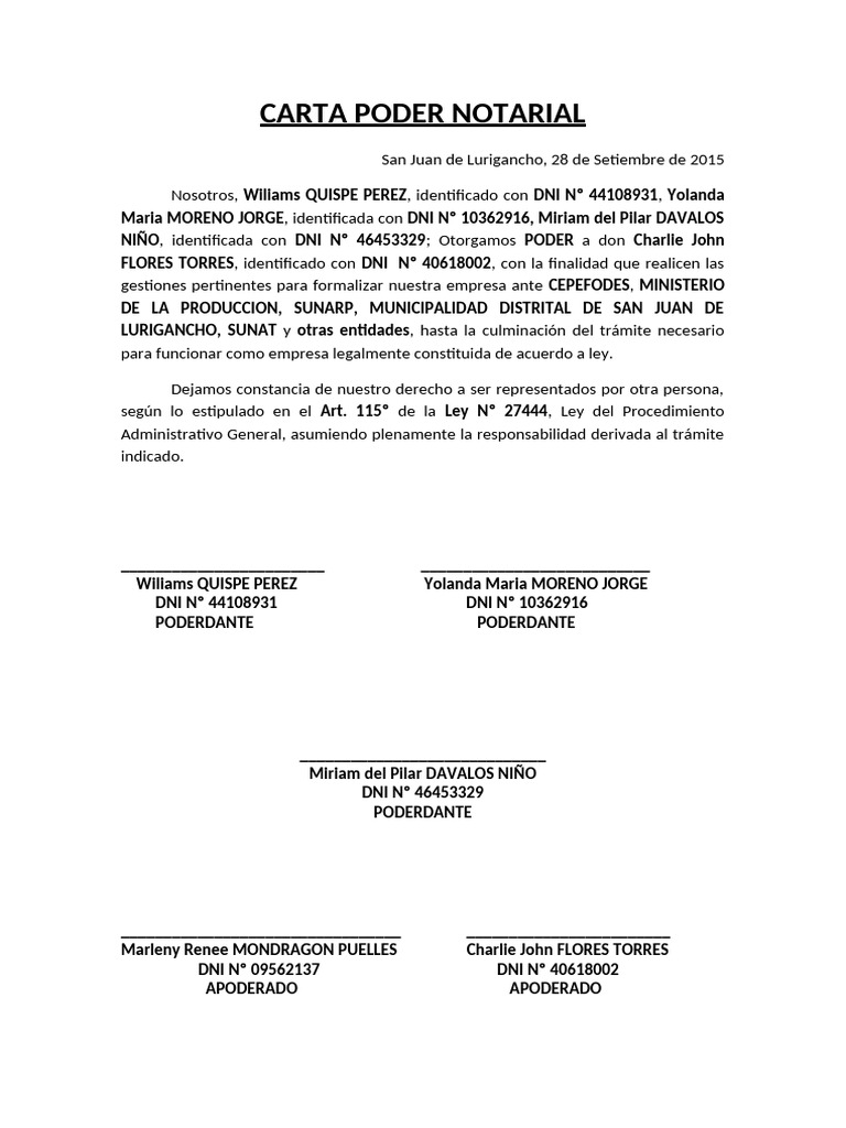 CARTA PODER NOTARIAL PARA CONSTITUIR UNA EMPRESA - generico | PDF