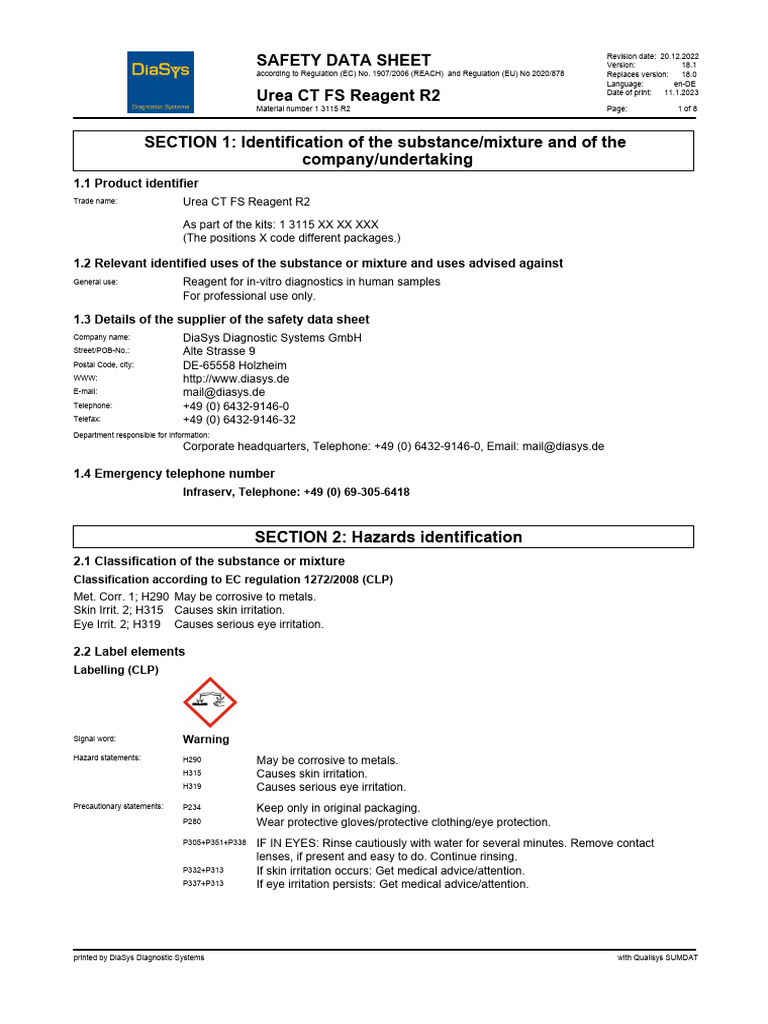 Urea CT FS Reagent R2 Safety Data Sheet | PDF | Dangerous Goods | Toxicity