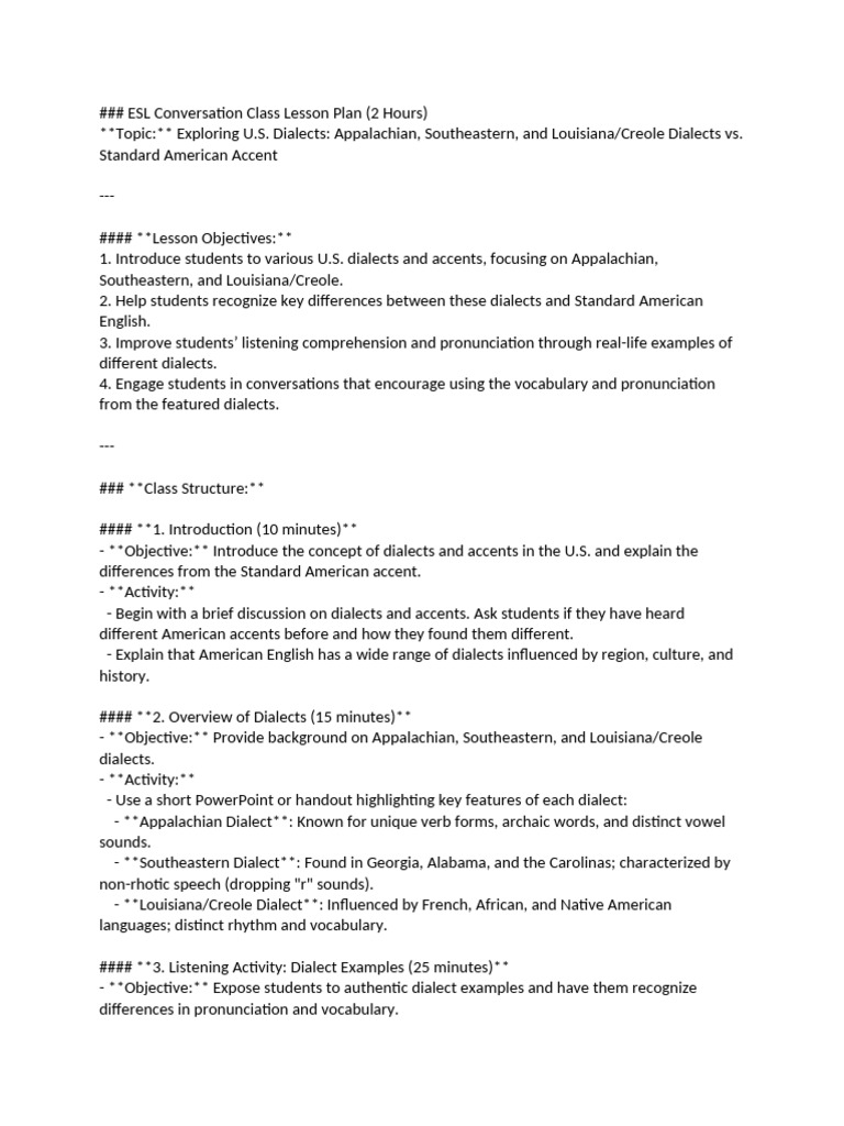 ESL Conversation Class Lesson Plan | PDF | Accent (Sociolinguistics ...