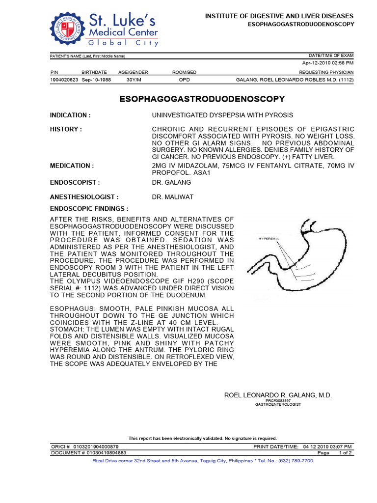 Esophagogastroduodenoscopy Report | PDF | Gastroenterology | Endoscopy