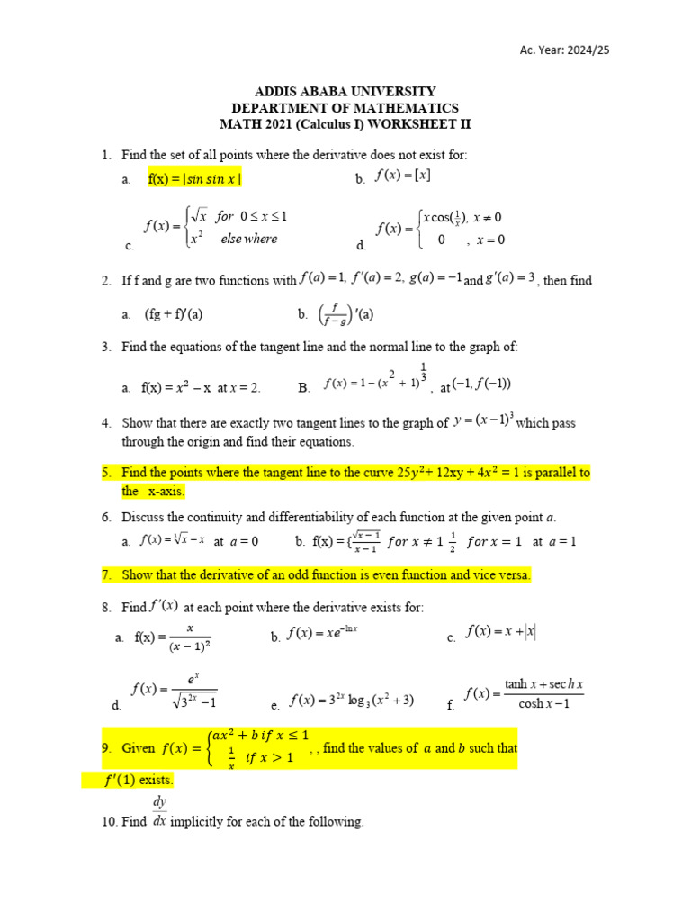 Math 2021 (Calculus 1) Workshhet II | PDF | Tangent | Trigonometric ...