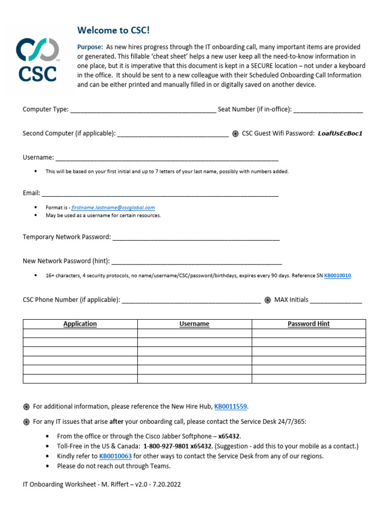 CSC IT Onboarding Worksheet | PDF | Password | User (Computing)