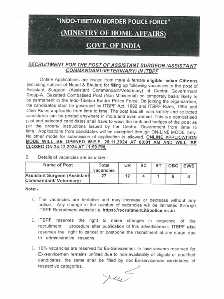 ITBP Asst Surgeon Veterinary Notice | PDF