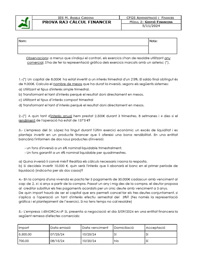 GF3 - Prova - Càlcul Financer - 05112024 | PDF