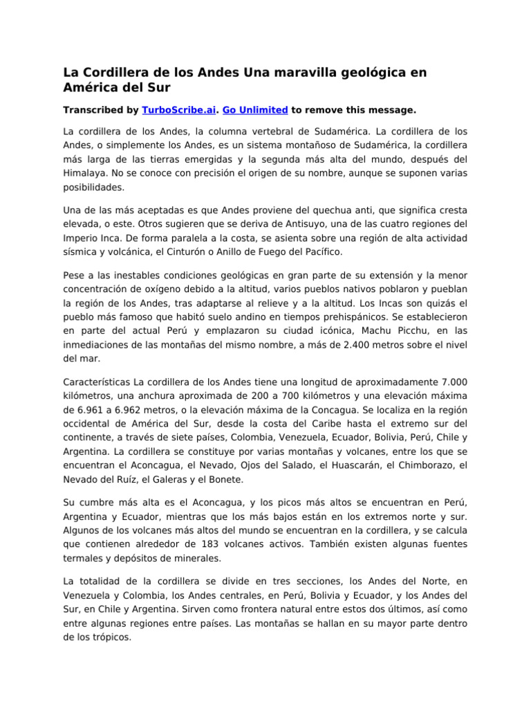 La Cordillera de Los Andes Extracción | PDF | Andes | América del Sur