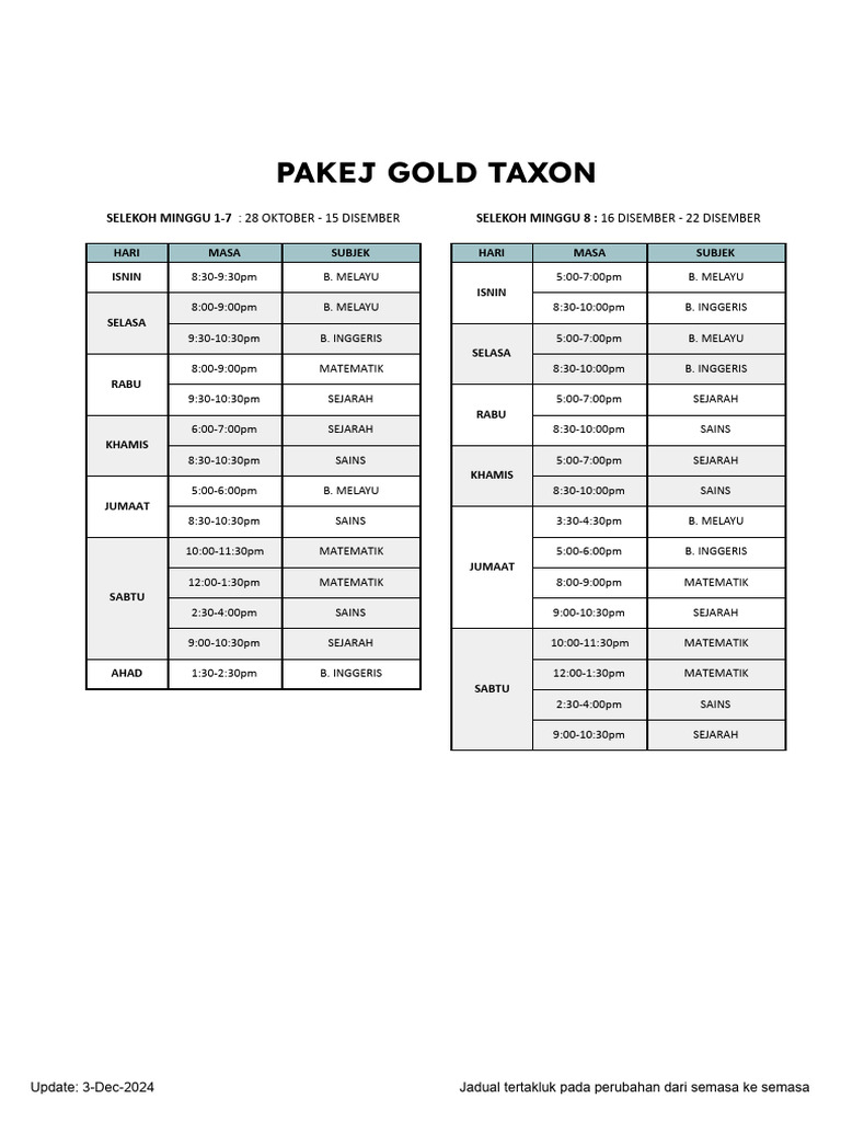 JADUAL SELEKOH REGULAR 2024 (RUJUKAN STUDENT) - GOLD T | PDF