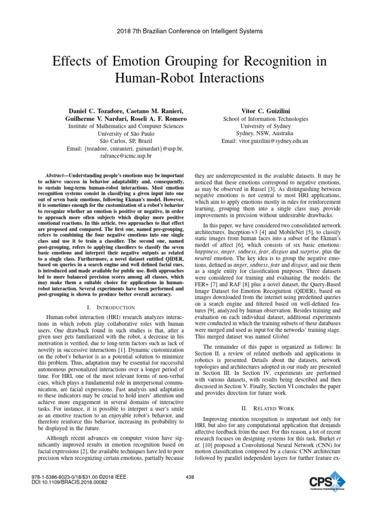 Effects of Emotion Grouping For Recognition in Human-Robot Interactions, Tozadore, D | PDF ...