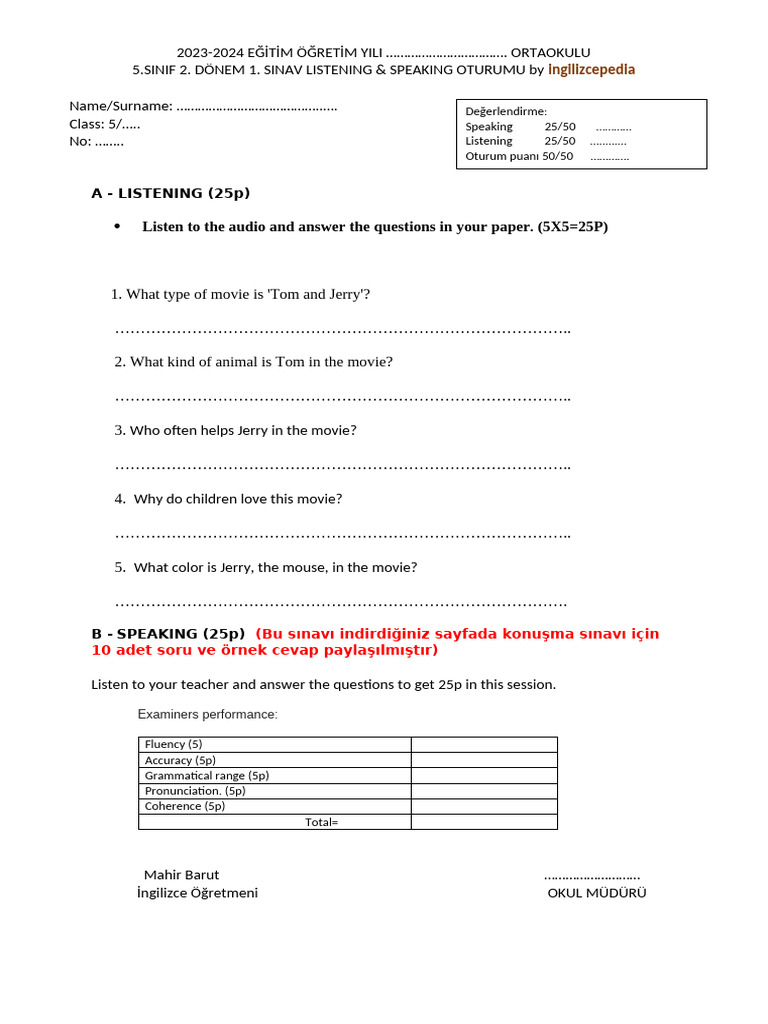 5.sinif-2.donem-1.listening-speaking-sinavi-ornek-sinav-kagidi-indir- | PDF