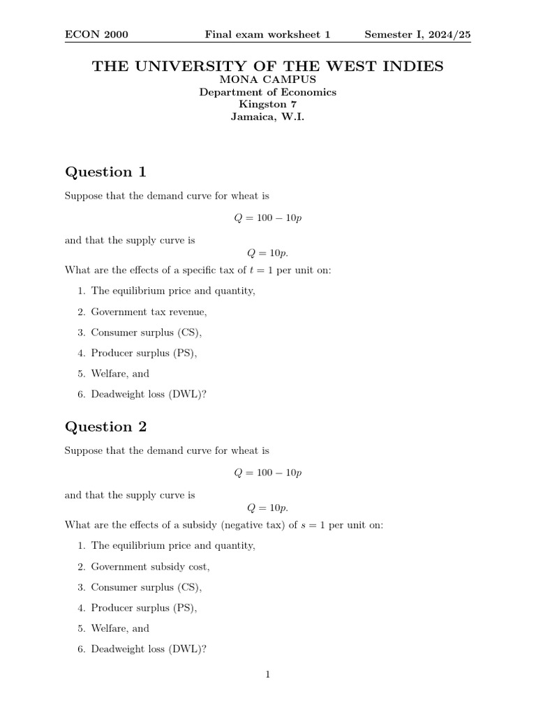 ECON2000 Analysis of Competitive Markets Worksheet | PDF | Economic ...