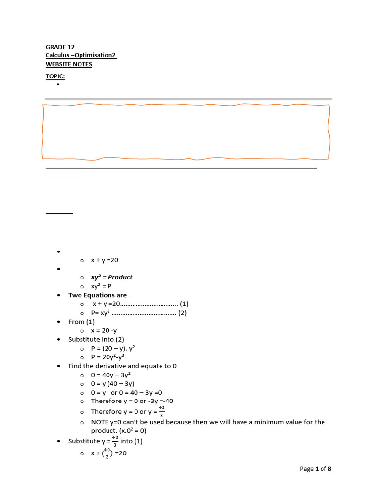 Grade 12 Calculus: Optimization Problems | PDF | Velocity | Acceleration