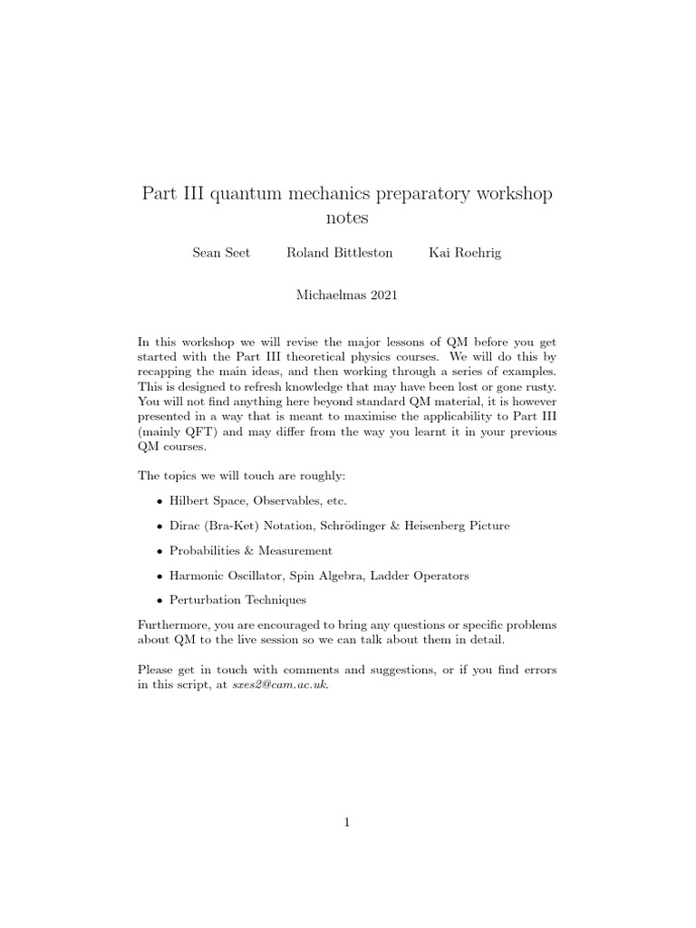 Quantum Mechanics Workshop Notes | PDF | Spin (Physics) | Perturbation ...
