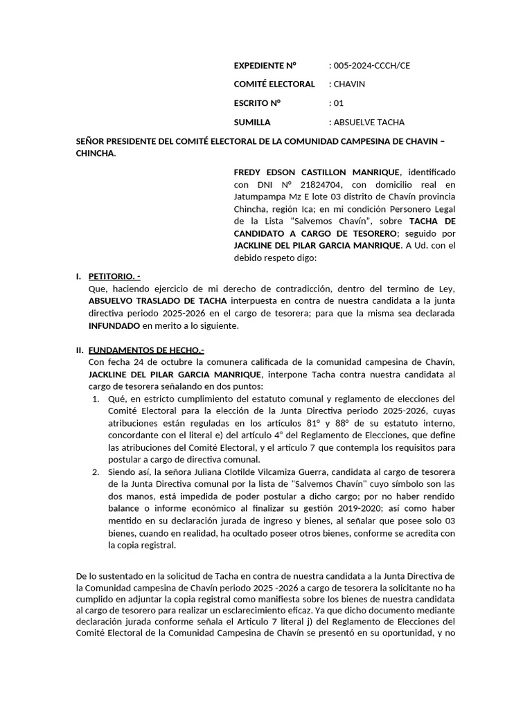 Absolucion de Tacha Tesorera | PDF | Gobierno