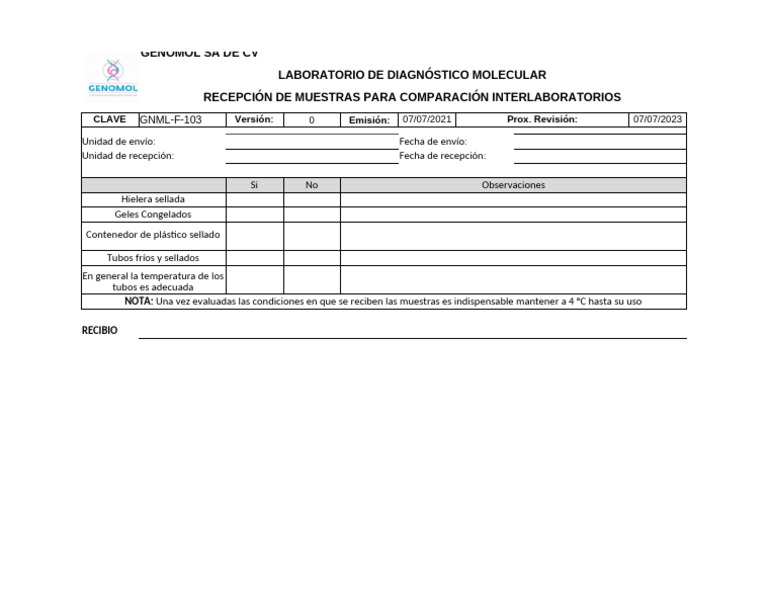 Gnml-f-103 Ver 00 Recepción de Muestras Para Comparación ...
