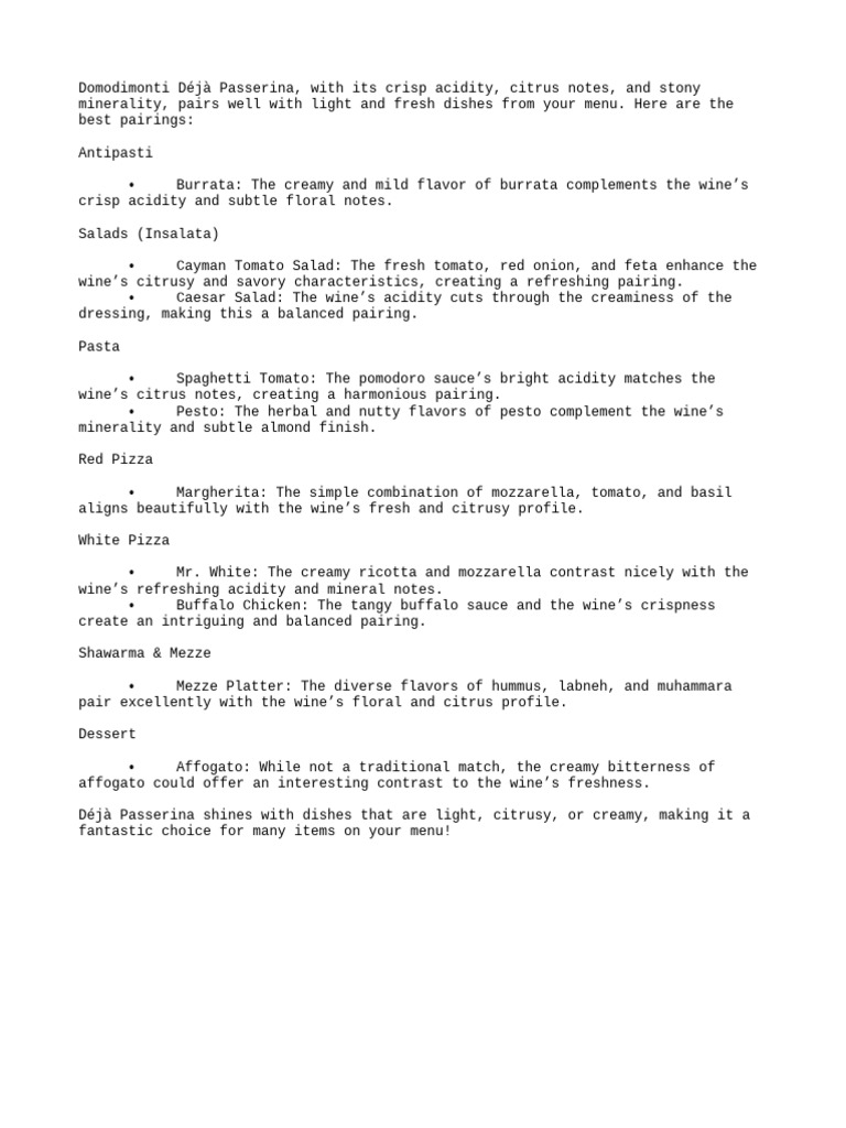 Deja Passerina Food Pairing | PDF