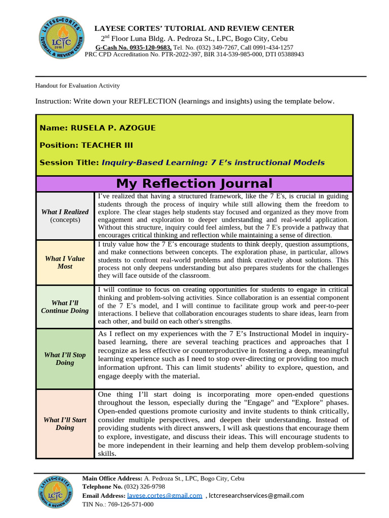 Reflection on 7 E's Inquiry Model | PDF | Inquiry Based Learning ...