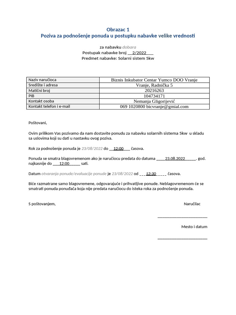 Obrazac-1-Poziv-za-podnosenje-ponuda_-nabavka-velike-vrednosti-GZ (1) | PDF
