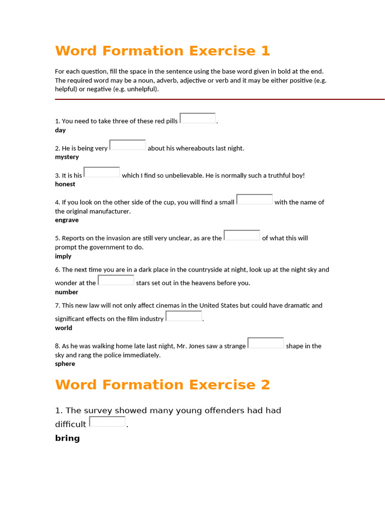 Word Formation Exercise 1 | PDF | Linguistic Morphology | Syntax