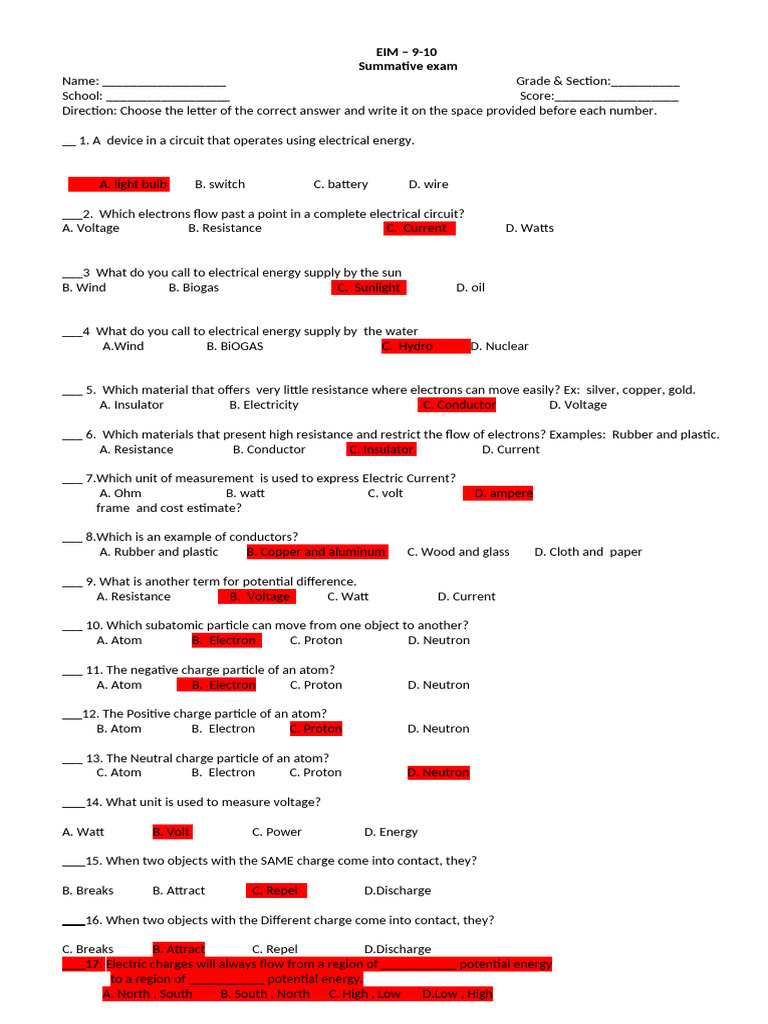 Summative exam 9&10 | PDF | Electrical Conductor | Electric Current
