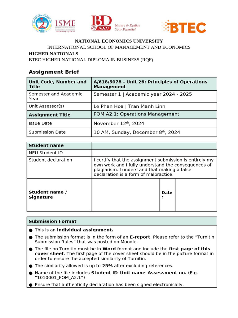Assignment Brief - POM A2 - Sem1 - 24.25 | PDF | Risk | Risk Management