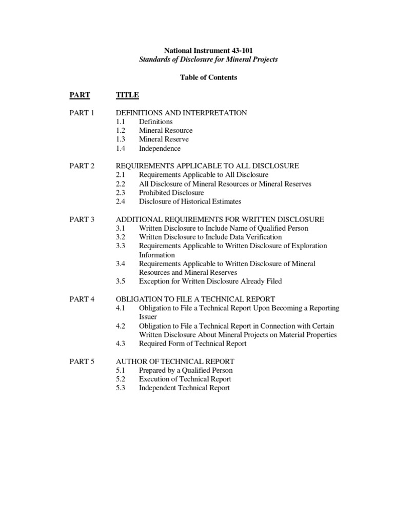 National Instrument 43-101 Title: Standards of Disclosure For Mineral ...
