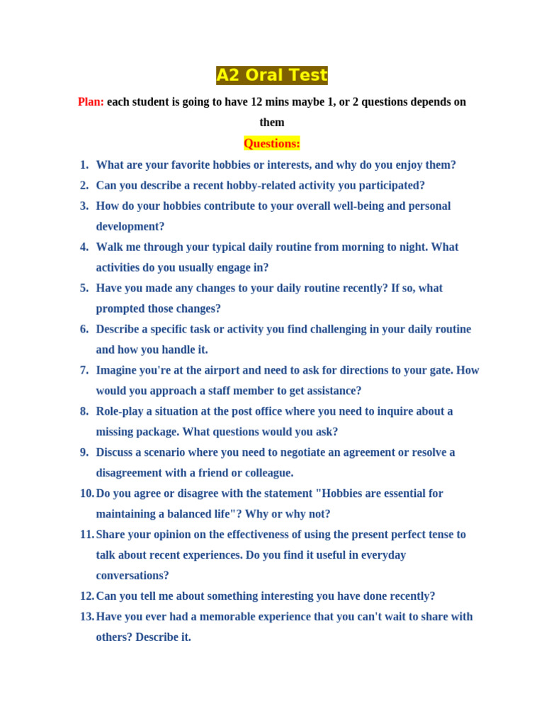 A2 Oral Test | PDF