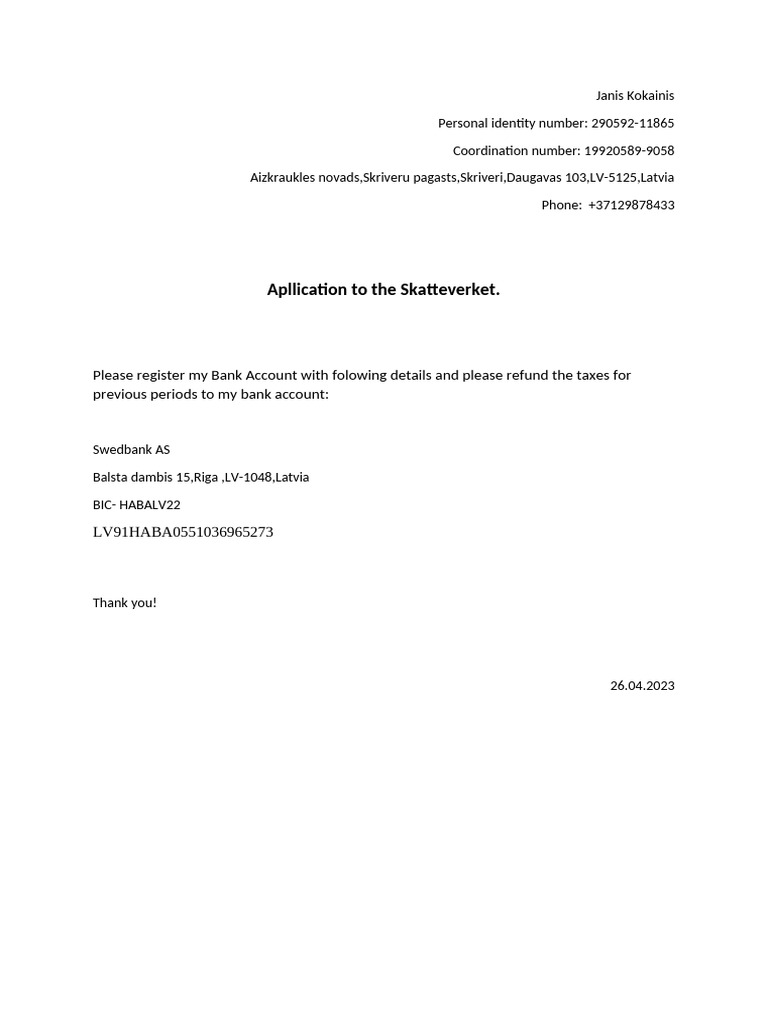 Bankas Konta Iesniegums Par Atmaksu | PDF