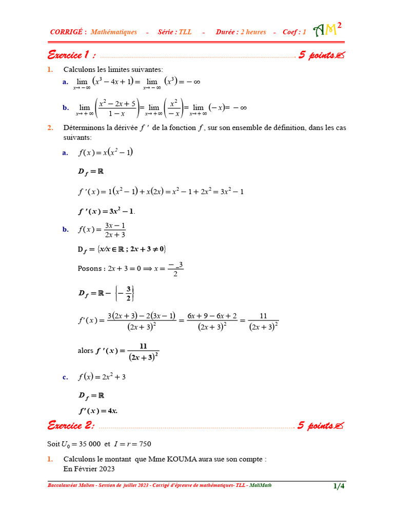 Corrigé Bac Malien Maths TLL 2023 | PDF | Analyse mathématique | Géométrie