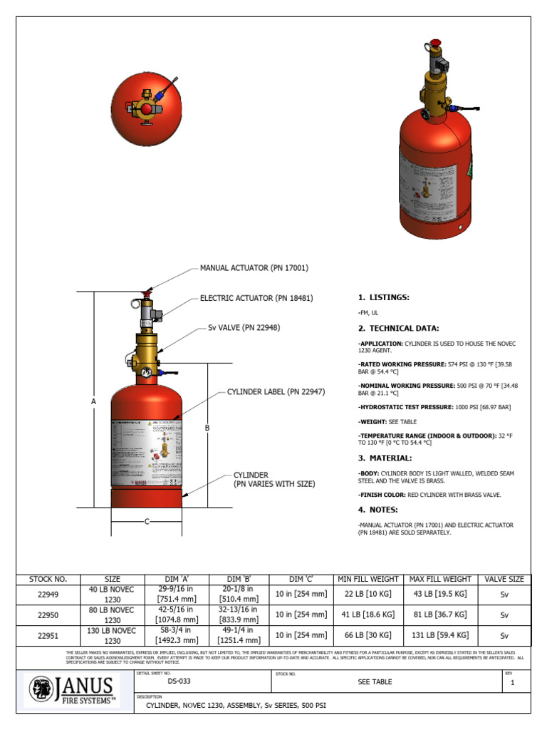 Ds-033 - SV Series Novec 1230 Cylinder Assembly 500 Psi - Rev 1 | PDF | Valve | Manufactured Goods