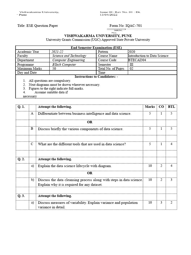 Vishwakarma Unitercity FDS Question Paper | PDF | Data | Computing