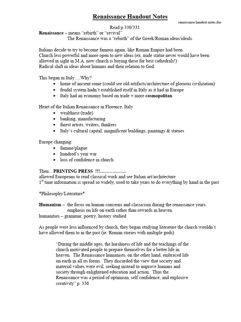 renaissance_handout_notes | PDF | Renaissance | Italy