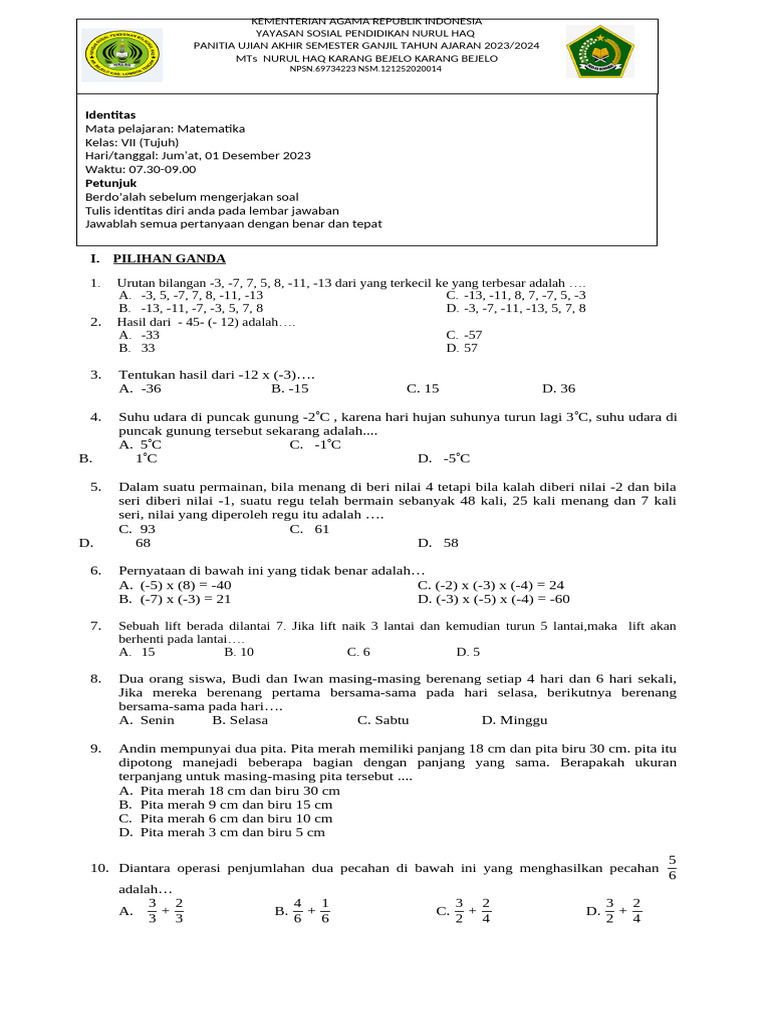 Matematika 7 - Soal Pas Mtk Kelas Vii Smstr 1 23-24 | PDF