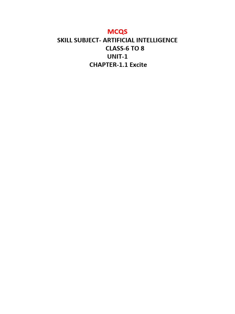 901 CLASS 6 TO 8 MCQS ARTIFICIAL INTELLIGENCE Chap 1 (2024-25) | PDF | Artificial Intelligence ...