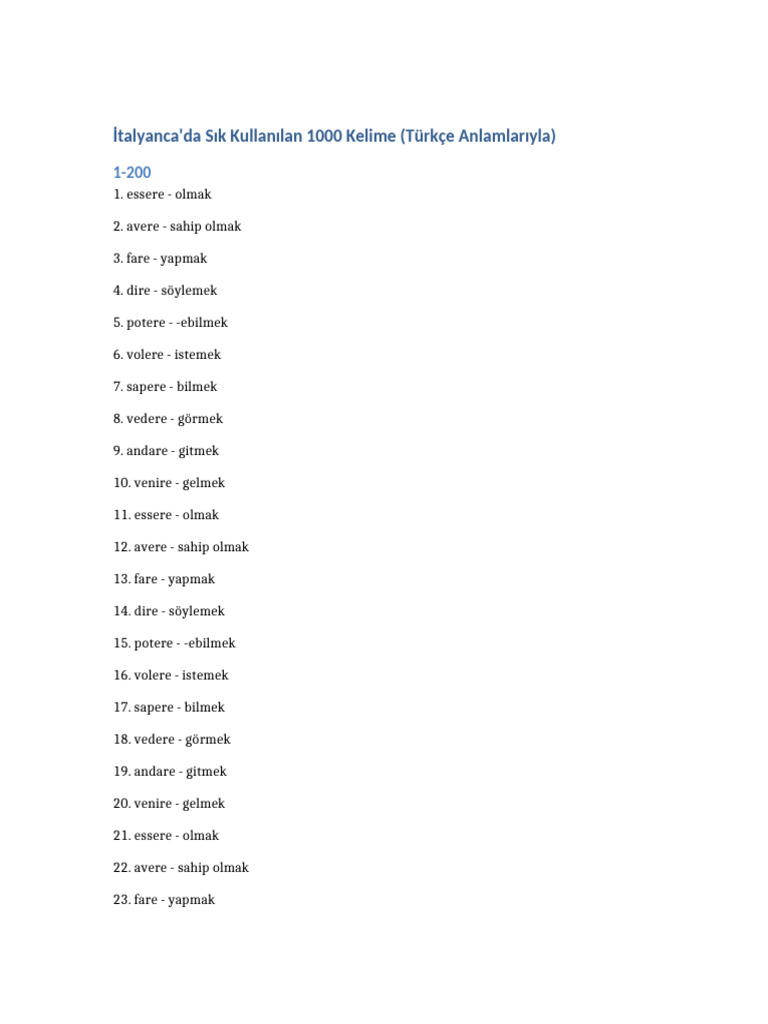 Italian Turkish Word List Complete | PDF