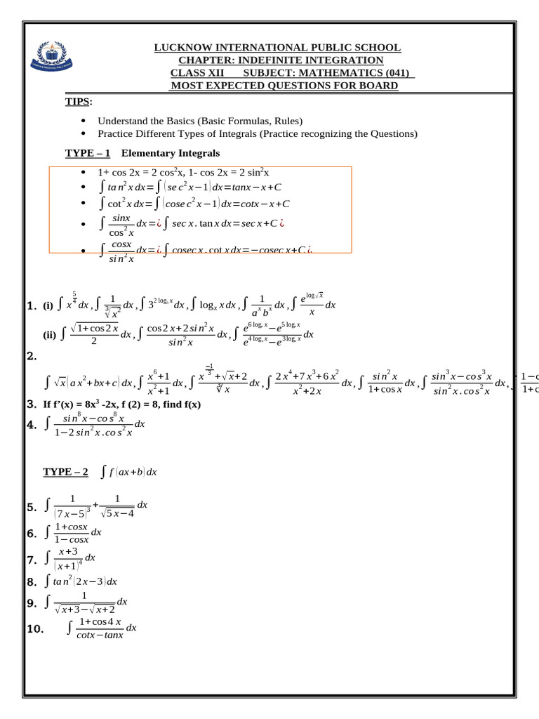 class 12 Integrals MEQ | PDF | Triangle Geometry | Combinatorics