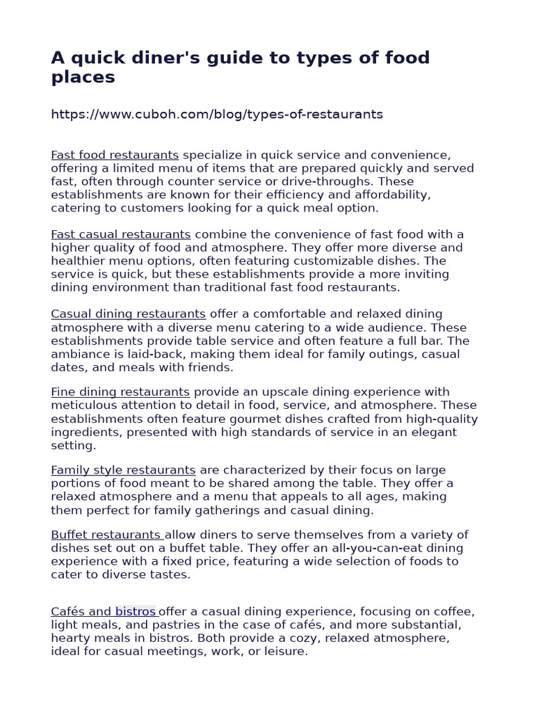 Types of Restaurants Class | PDF | Restaurants | Menu