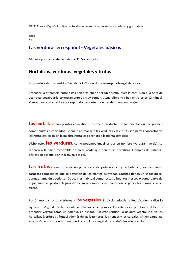 Las verduras en español - Vegetales básicos20241203摘录 | PDF | Vegetales ...