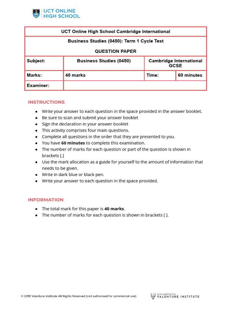 IG - Year11 - Business Studies (0450) - Term1 - Cycle Test - Question ...