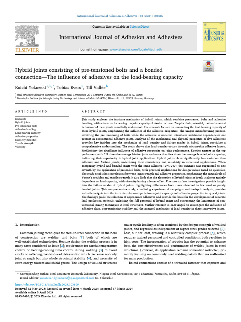 Hybrid Joints Consisting of Pre-Tensioned Bolts and A Bonded Connection ...