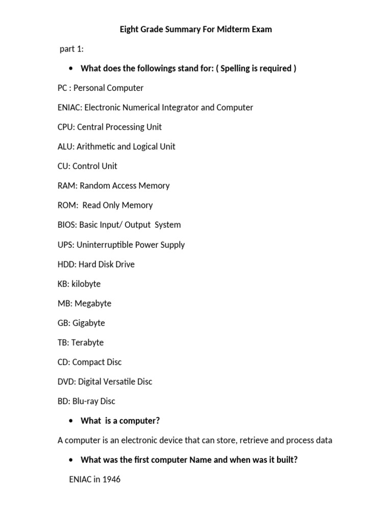 8th Grade Computer Midterm Exam Guide | PDF | Computer Data Storage | Computer Hardware