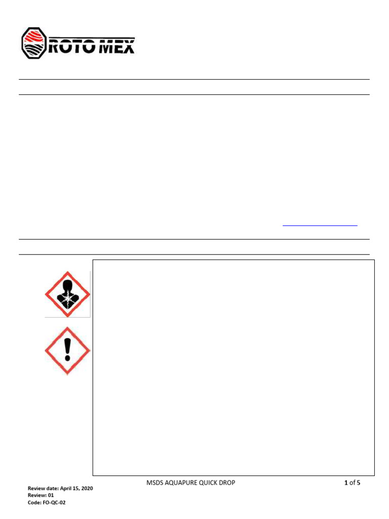 Safety Data Sheet AQUAPURE QUICK DROP | PDF | Personal Protective ...