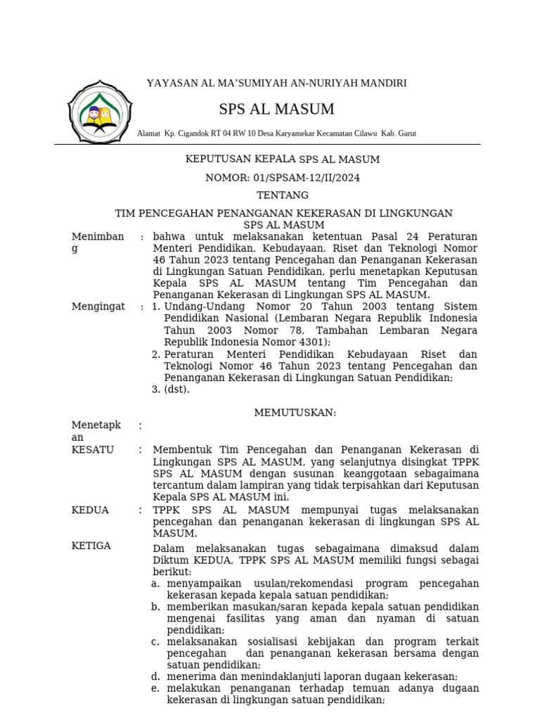 Keputusan Pembentukan TPPK SPS AL MASUM | PDF