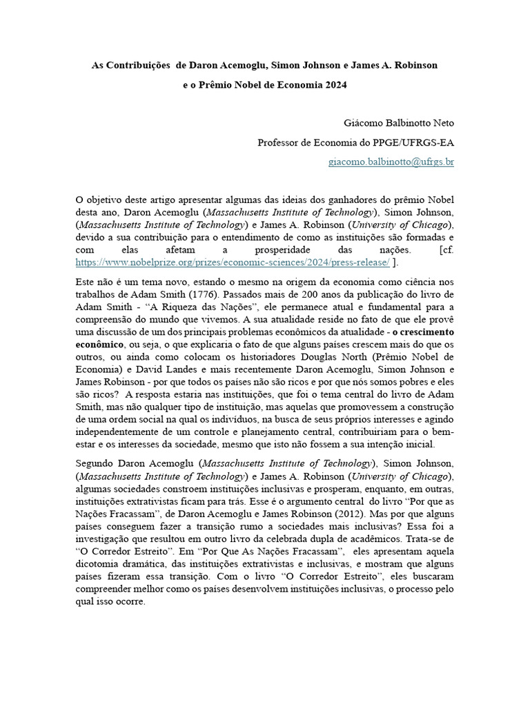ACEMOGLU NOBEL PRIZE v1 | PDF | Estado | Economia