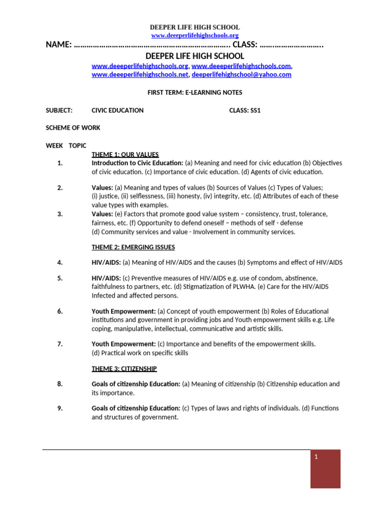 SS1 Civic Education First Term Notes | PDF | Hiv/Aids | Self Defense