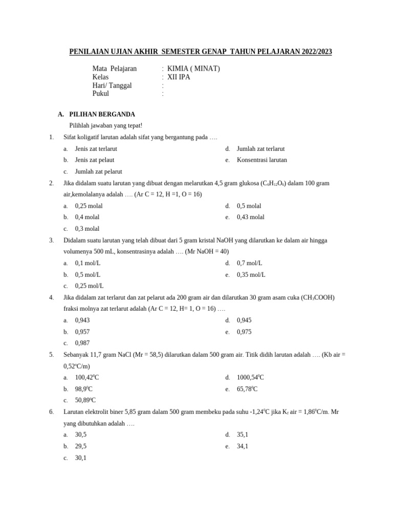 Soal Ujian Kimia Kelas Xii Ipa Ganjil | PDF