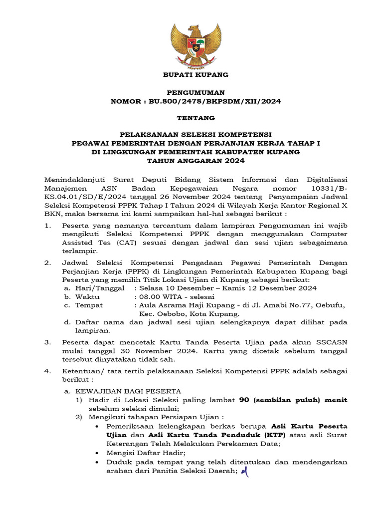 Pengumuman Seleksi Kompetensi PPPK Tahap I Kab Kupang Tahun 2024 | PDF