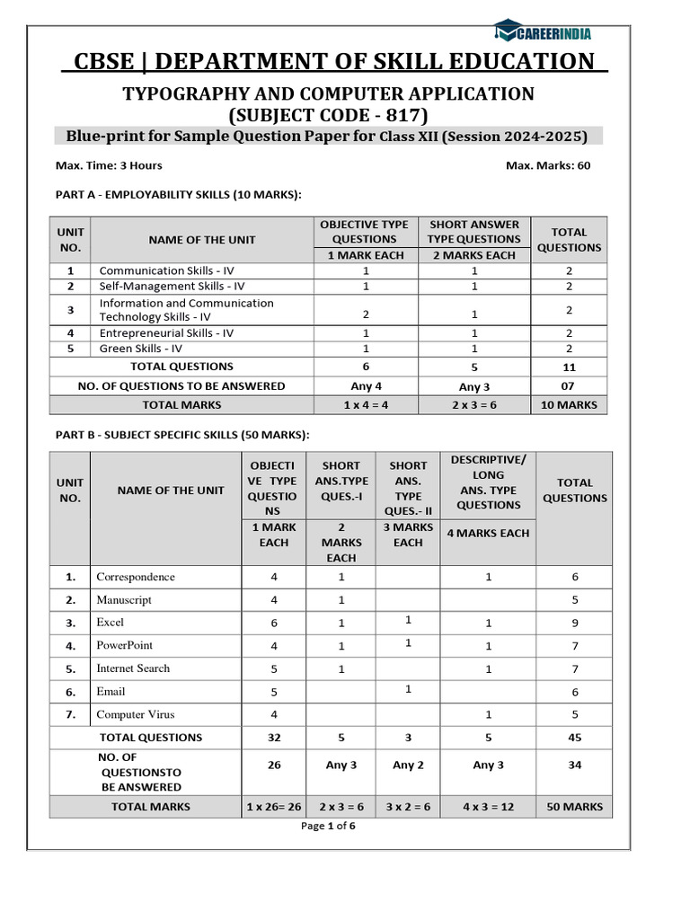 CBSE Class 12 Typography & Computer Application Sample Question Paper 2025 | PDF | Computer ...