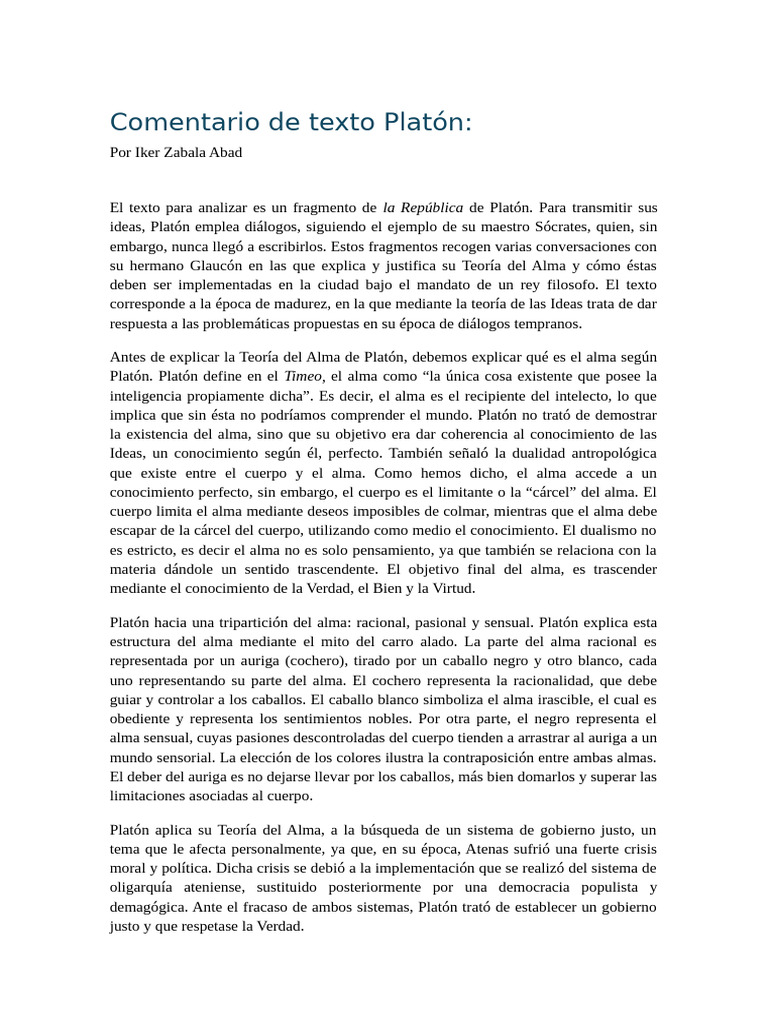 Comentario de Texto Platón | PDF | Platón | Alma